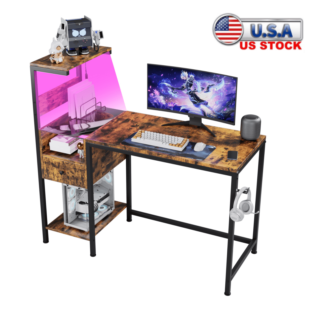 Tcbosik Computer Desk with LED Lights and Charging Station, Writing ...