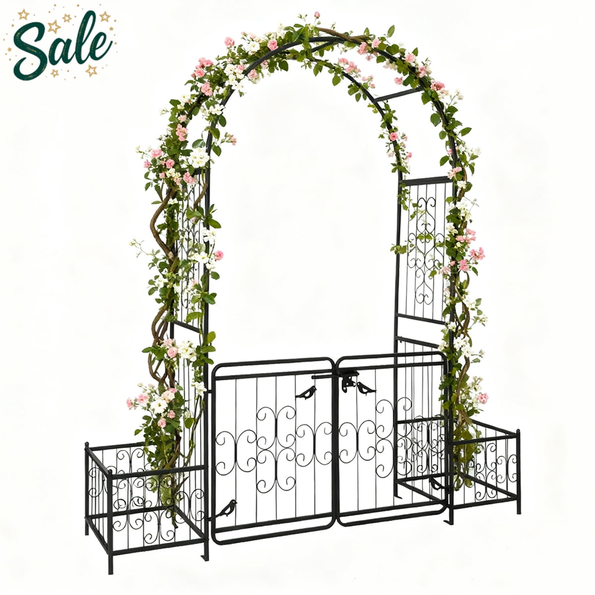 Tcbosik Courtyard Arc Top Iron Garden Arch with Gates & Side Planter, 7 ...