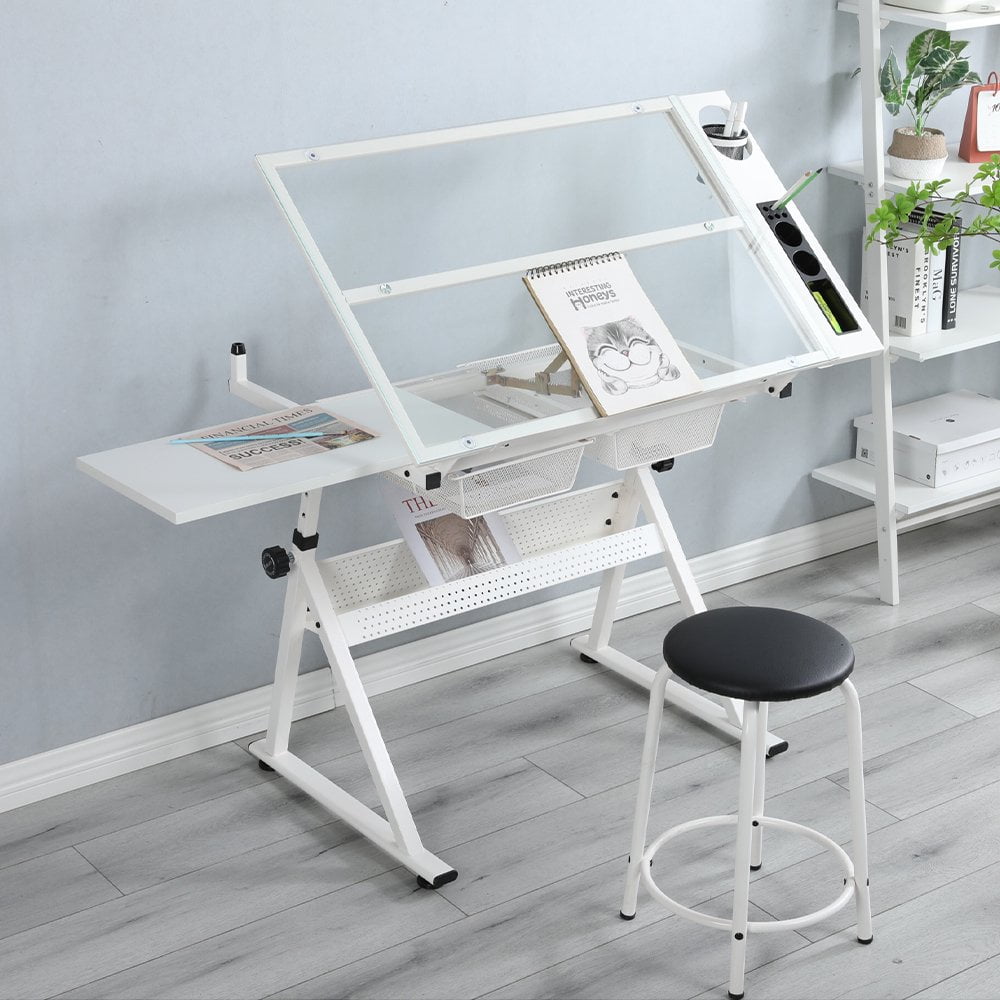 Tcbosik Drafting Table with Stool, Hand Crank Adjustable Drawing Desk ...