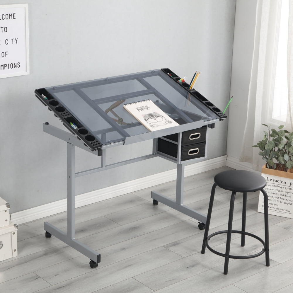 Tcbosik Drafting Table on Wheels with 2 Storage Drawers, Craft Table ...