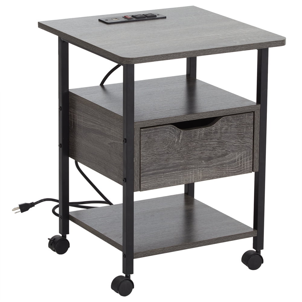 Tcbosik End Table with Charging Station and Wheels, Movable Bedside ...