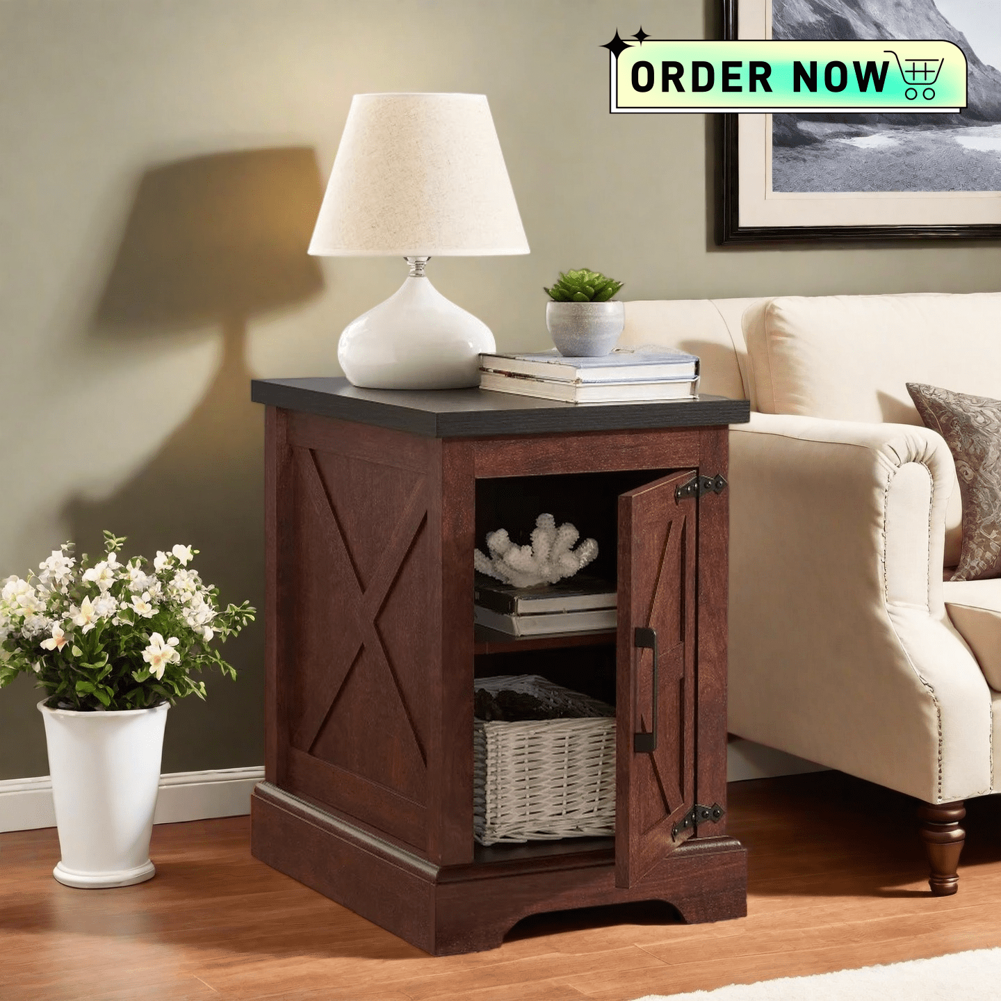 Tcbosik 21.6" Side Table with Barn Door, Rustic End Table with ...