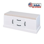 Leeten Grey 10 Shoes Bench with Cushion, 41" Wooden Bedroom Bench with ...