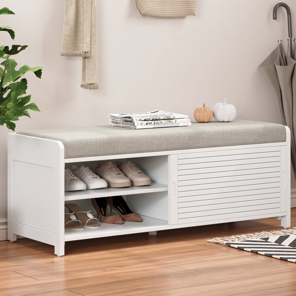 Tcbosik Entryway Storage Bench with Sliding Doors, 43.3" Modern Shoe ...
