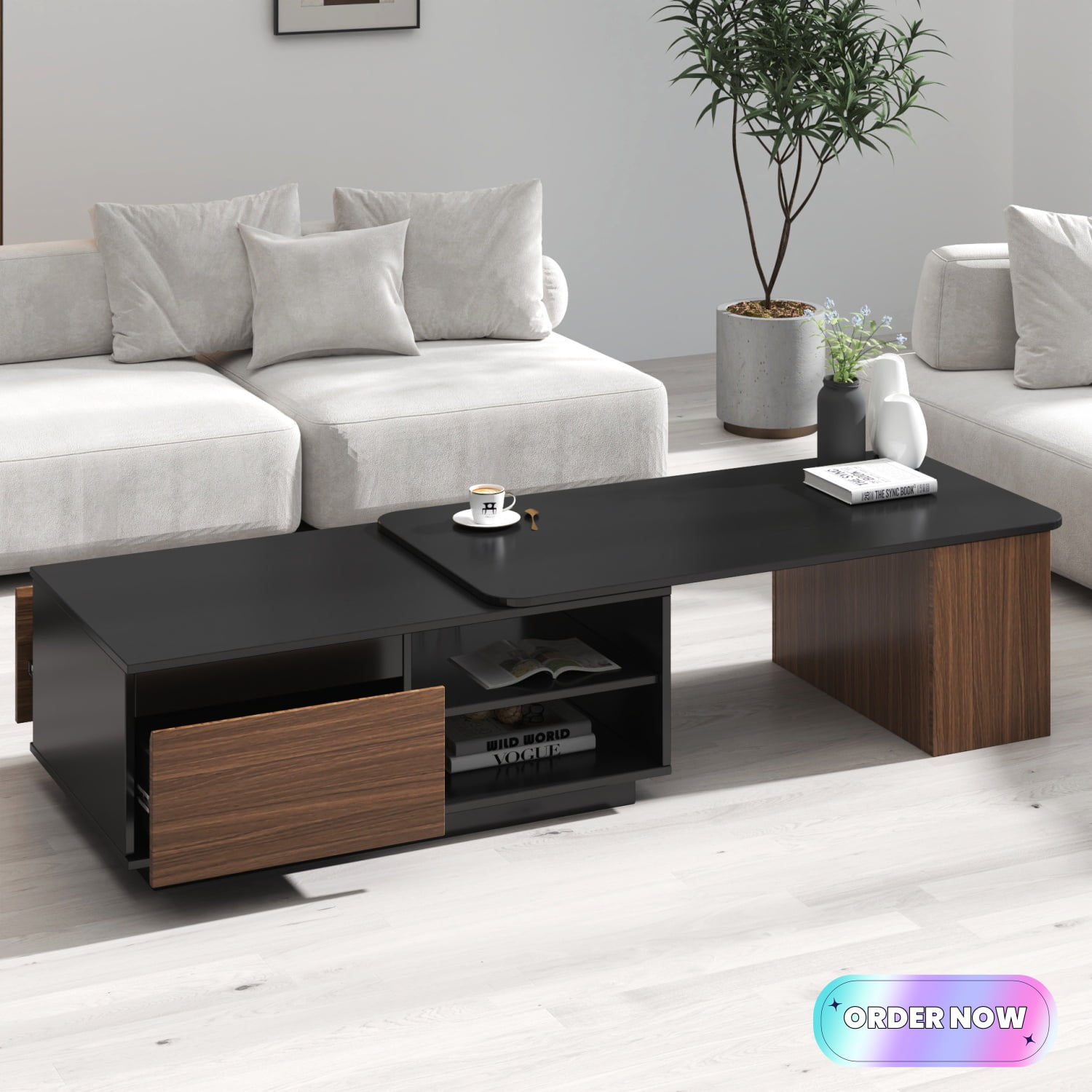 Tcbosik Extendable Coffee Table, Reversible Accent Table with 2 Storage ...