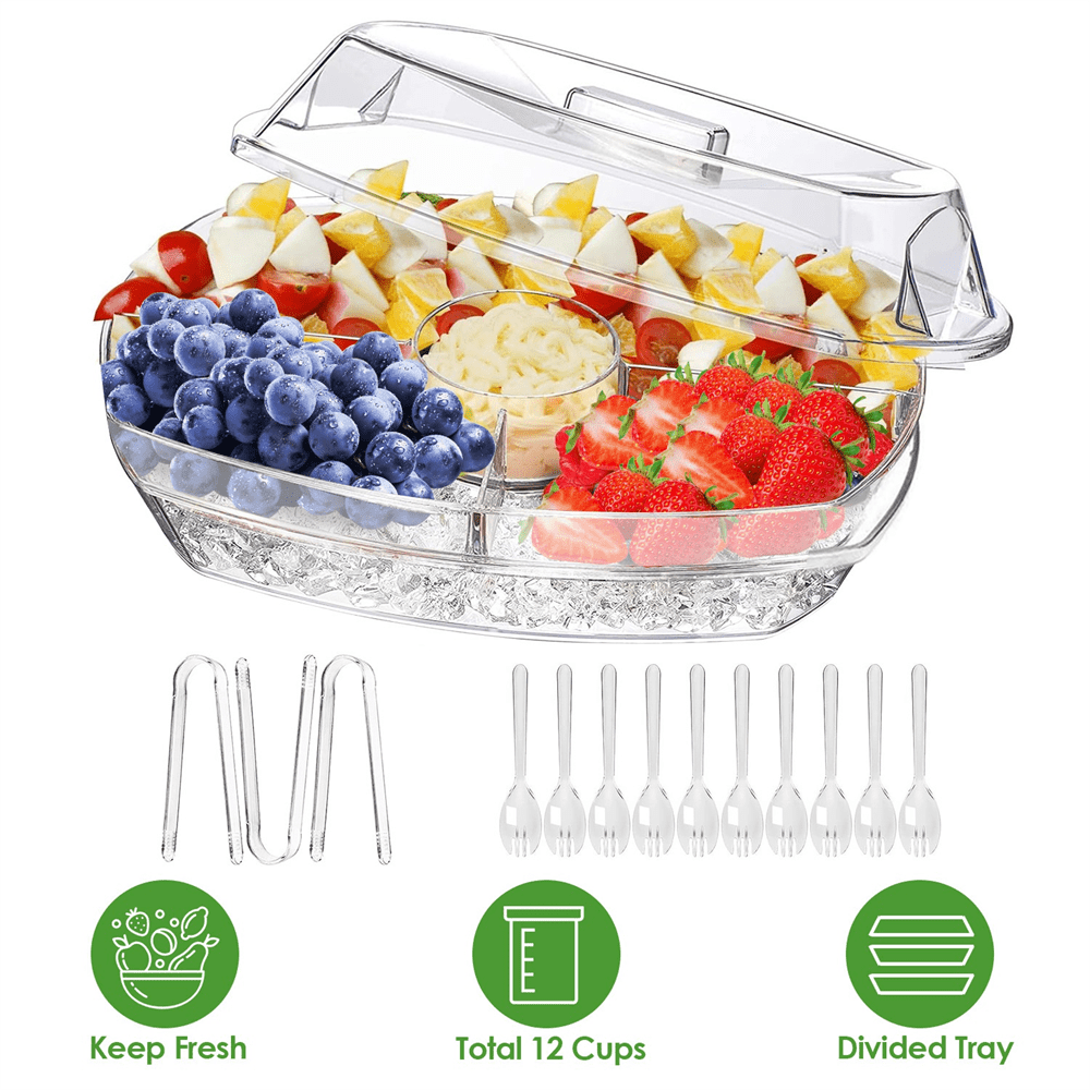 Tcbosik Fruit Ice Serving Tray with Lid and 4 Compartments, 15 inch ...