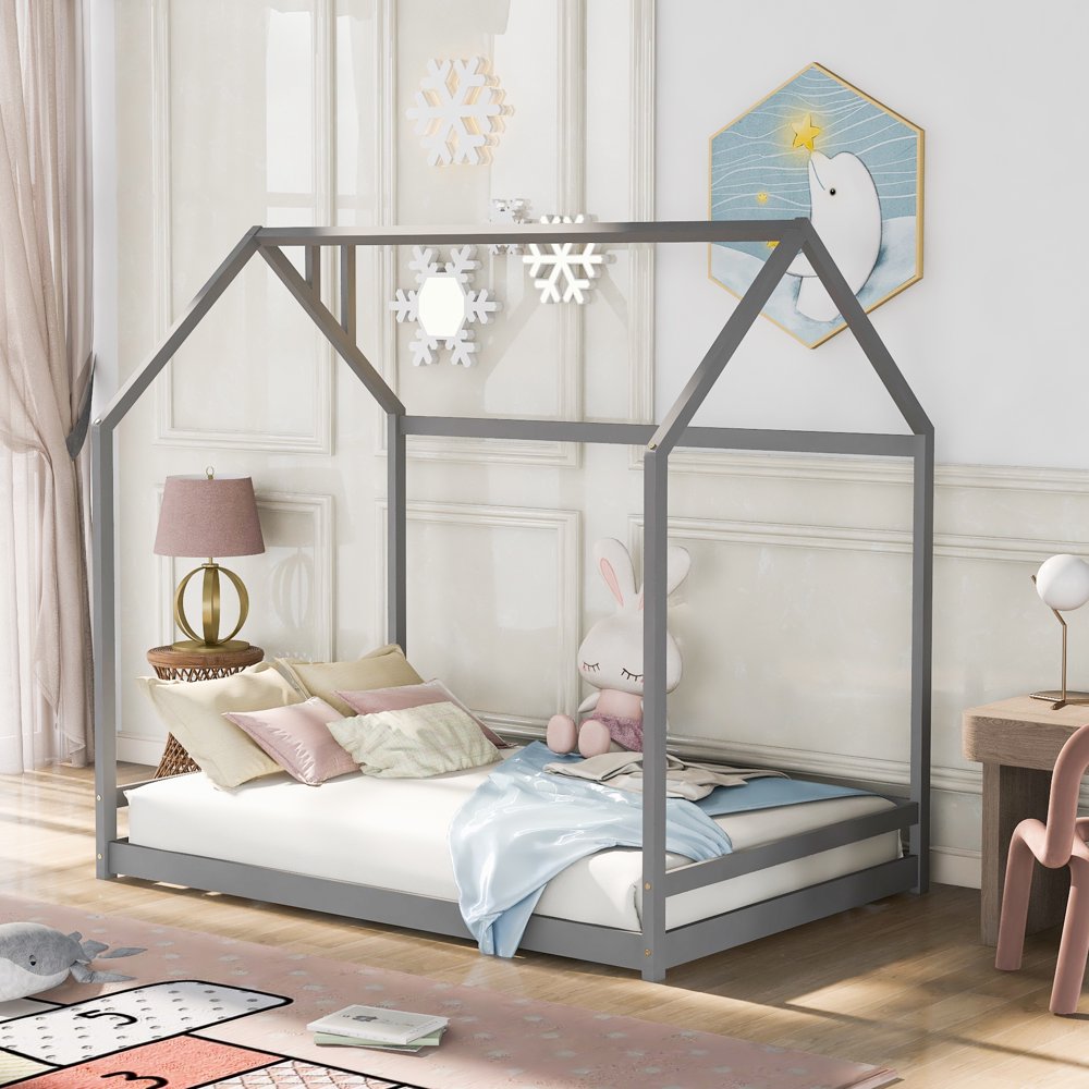 Tcbosik Full Size House Bed Frame with Roof, No Slat, Gray - Walmart.com