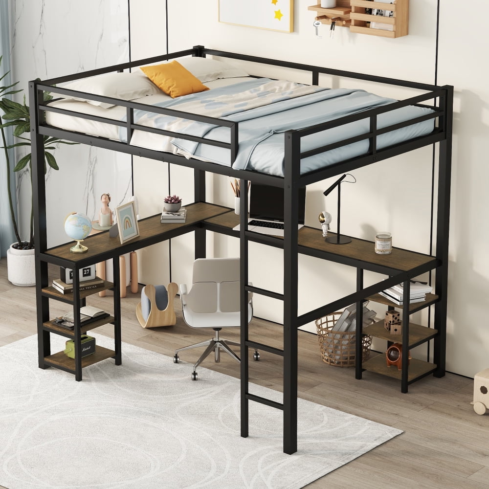 Tcbosik Full Size Loft Bed with Desk and Shelves, Heavy Duty Metal Bed ...