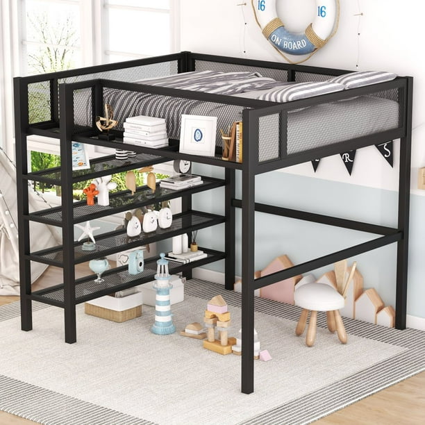 Tcbosik Full Size Metal Loft Bed with 4-Tier Storage Shelf Ladder ...