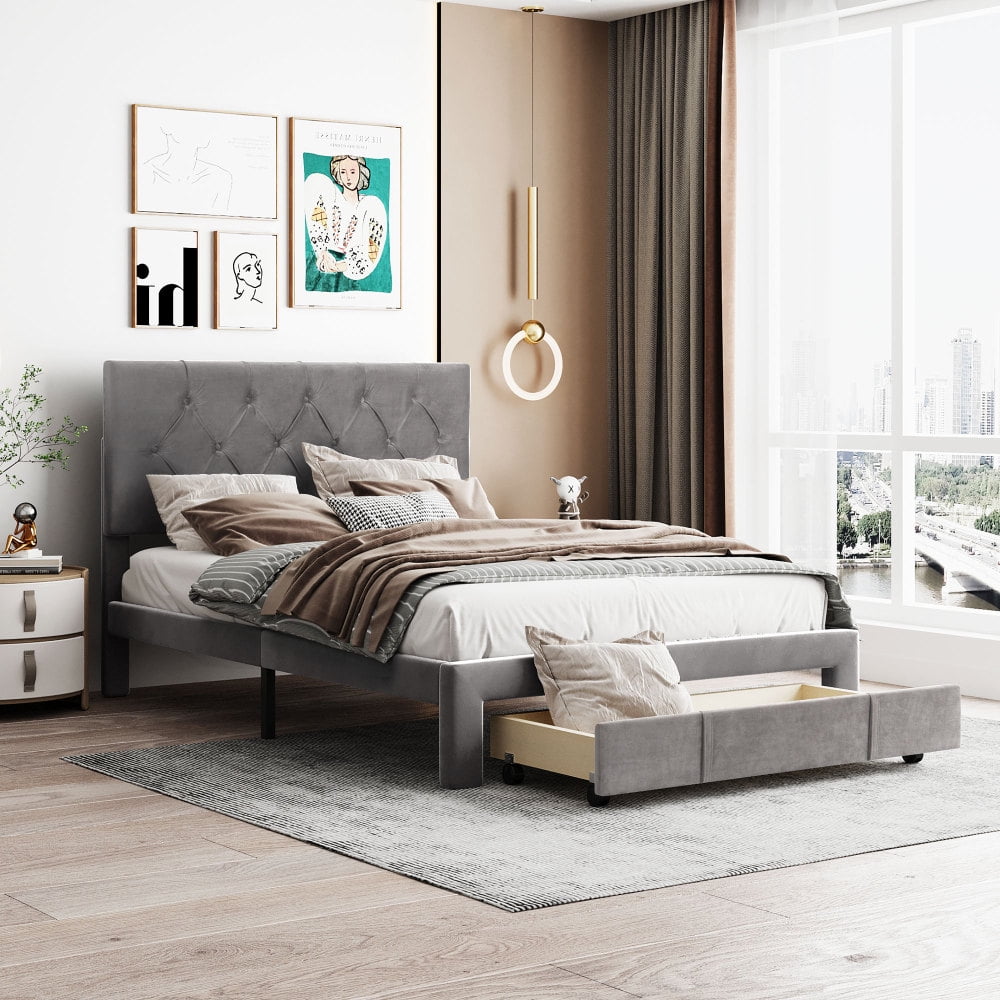 Tcbosik Full Size Storage Bed Velvet Upholstered Platform Bed with a ...