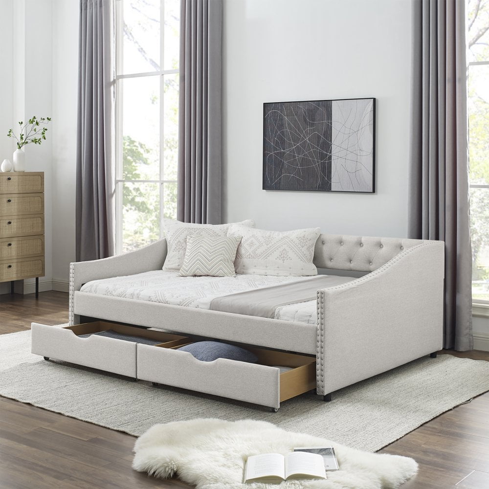 Tcbosik Full Upholstered Daybed, Linen Fabric Upholstered Tufted Sofa ...