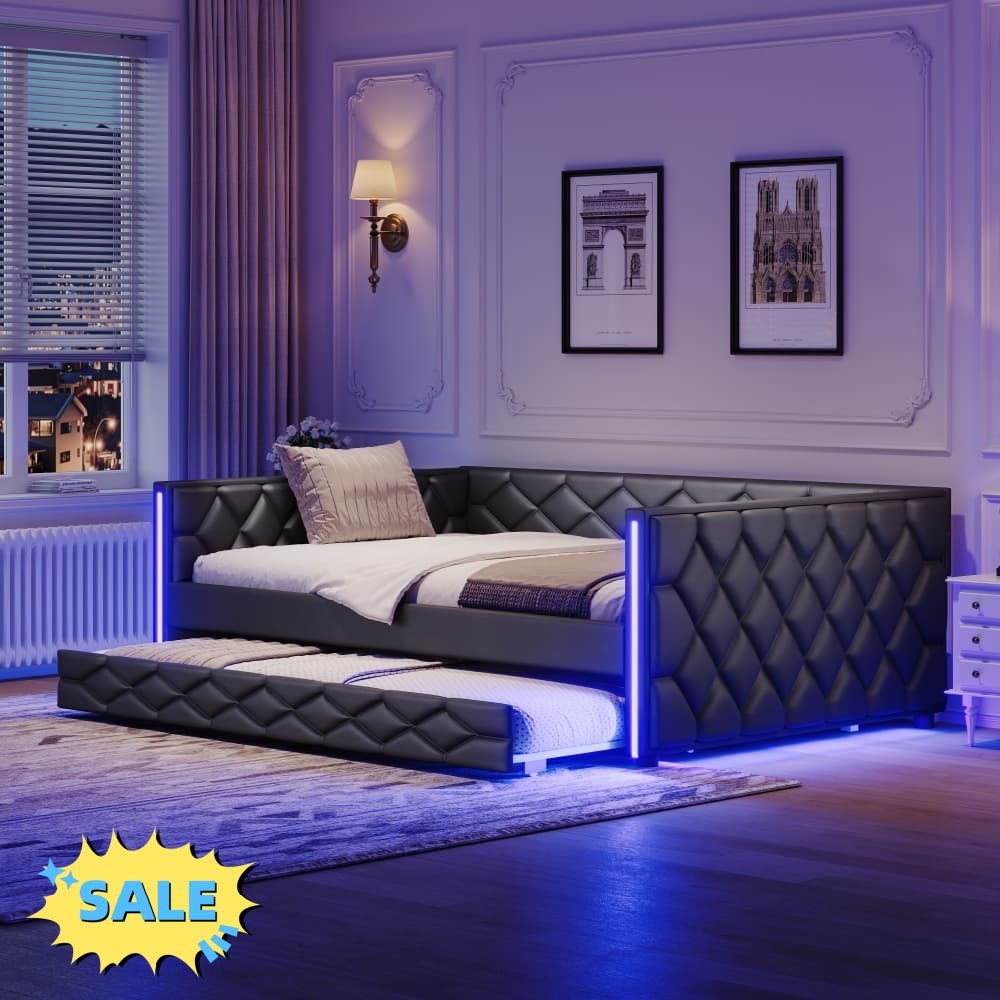 Tcbosik Full XL Size Daybed with Trundle and LED Lights, Upholstered PU ...
