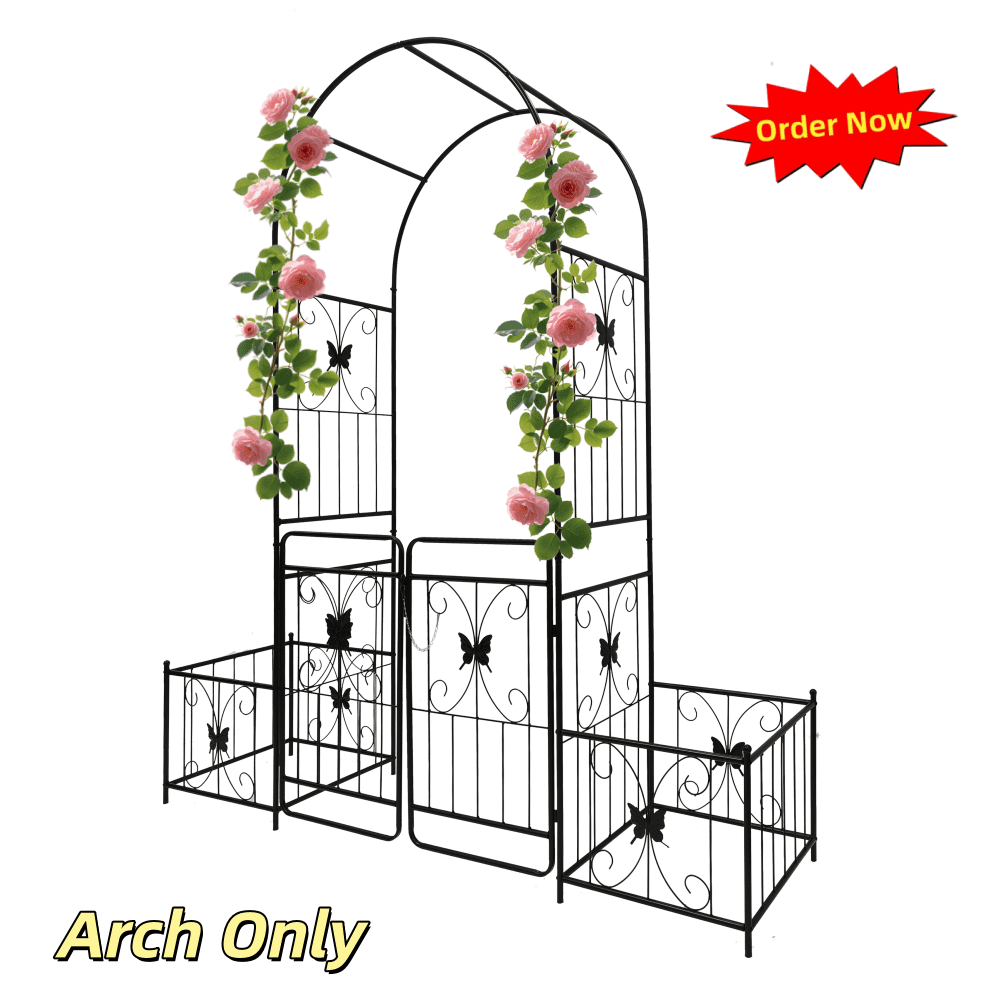 Tcbosik Garden Arch with Gate and Planter Boxes, 86.6" Outdoor Metal ...