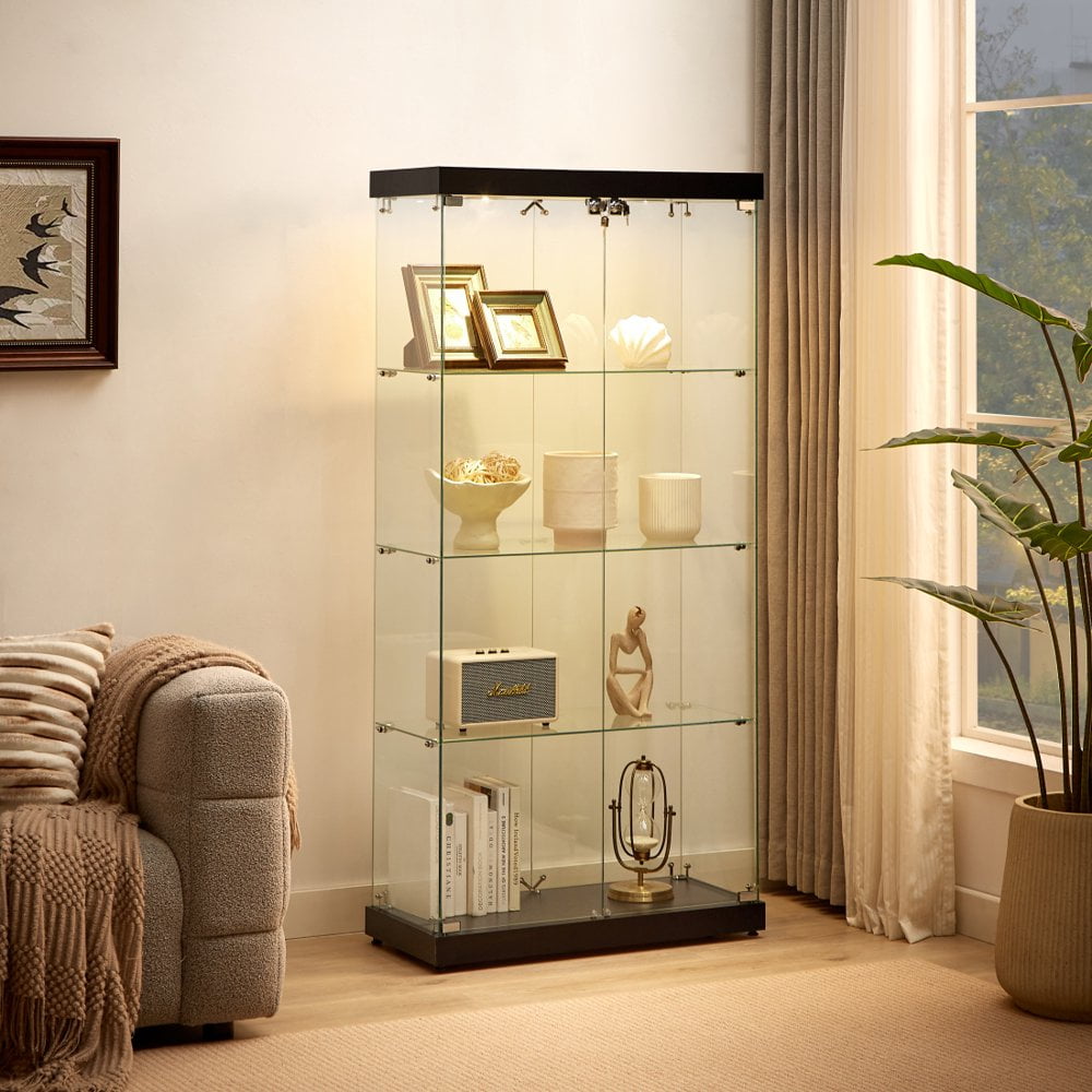 Tcbosik Glass Display Cabinet with Lock, Lights and Wheels, 66"H ...