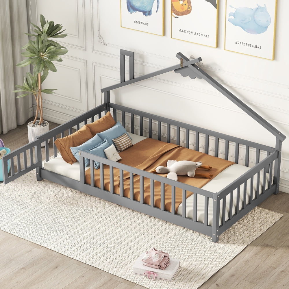 Tcbosik House Shaped Floor Bed with Door and Guardrail, Twin Size Wood ...