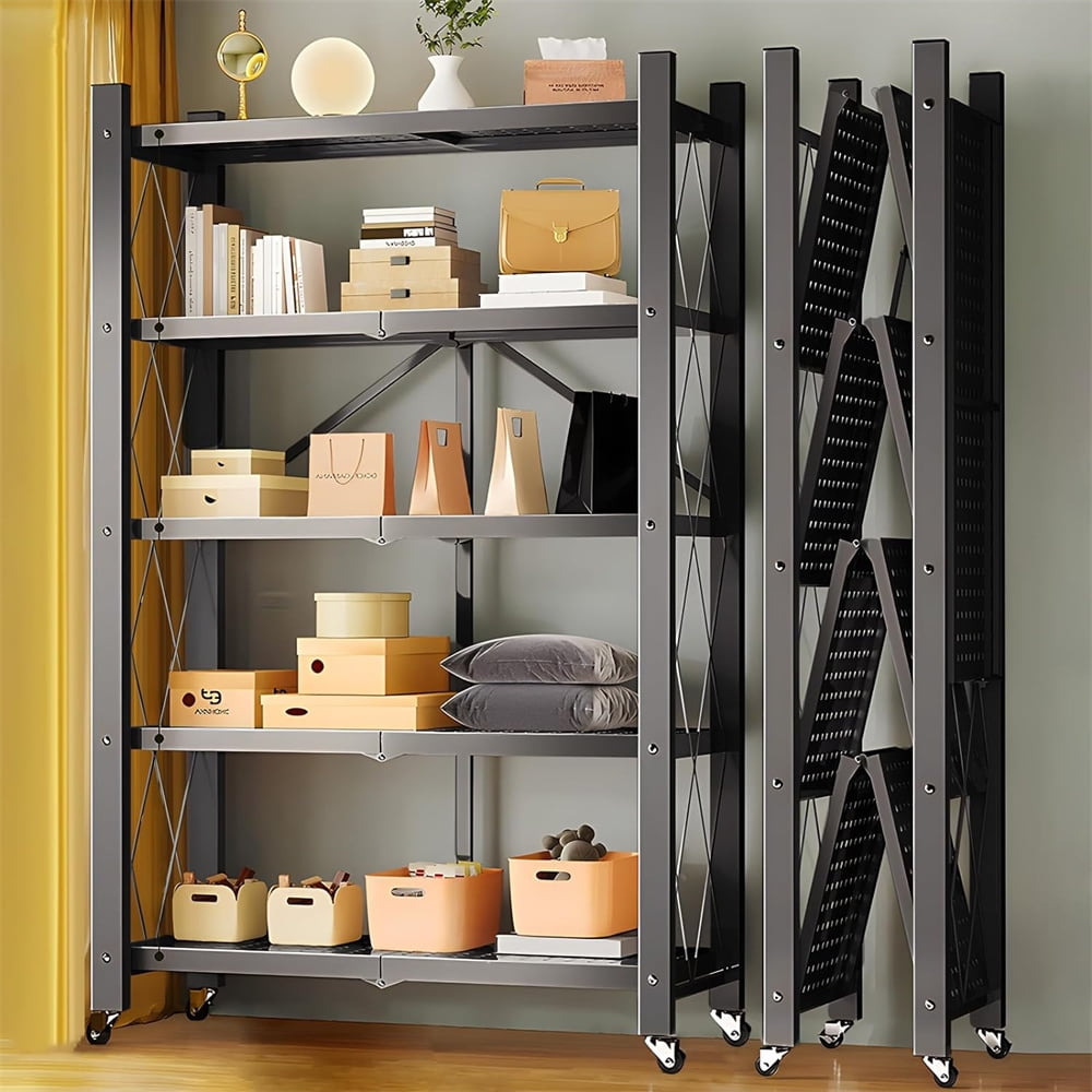 Tcbosik Joybos® 5 Tier Foldable Storage Shelves with Wheels, Heavy Duty ...