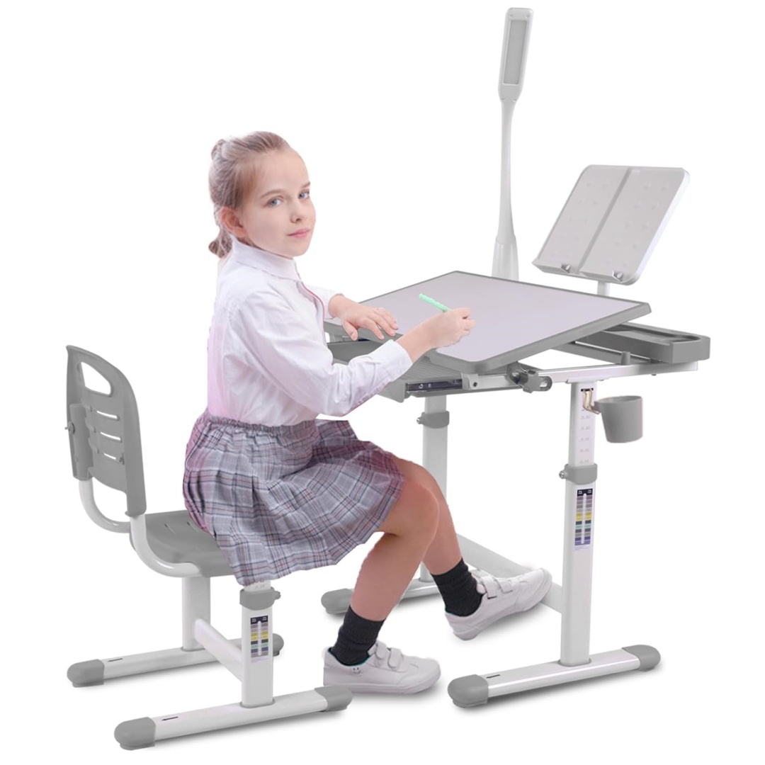 Tcbosik Kids Desk and Chair Set, Ergonomic Study Table with Adjustable ...