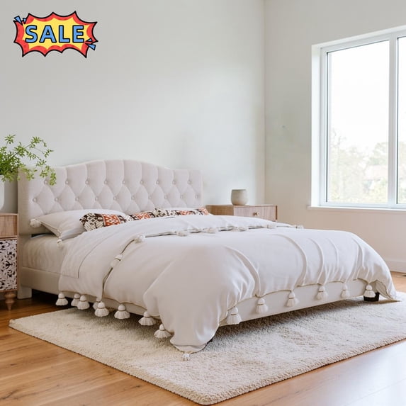 Tcbosik King Size Linen Upholstered Platform Bed with Adjustable ...