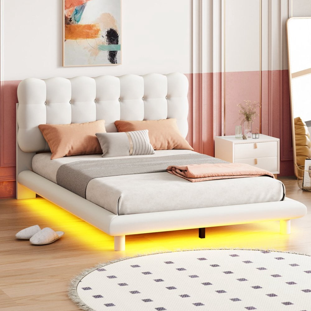 Tcbosik LED Floating Bed Frame Full Size, Beige Upholstered Platform ...