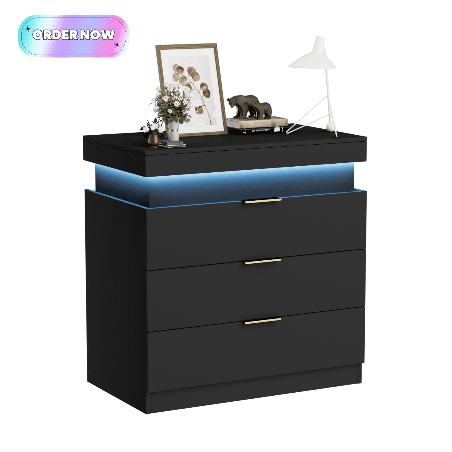 Tcbosik LED Night Stand with Charging Station, 3-Drawer Modern Side ...