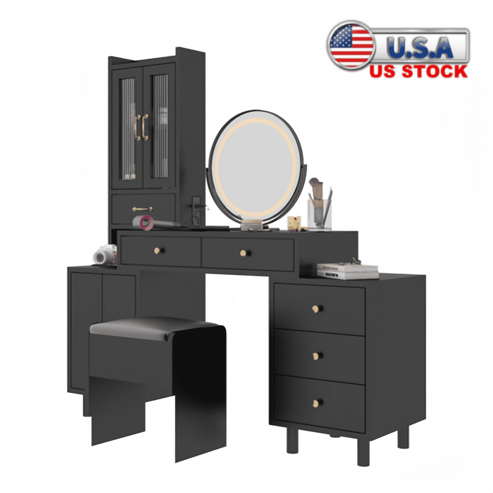 Tcbosik Large Vanity Desk with Lighted Mirror, Stool and Power Outlets ...