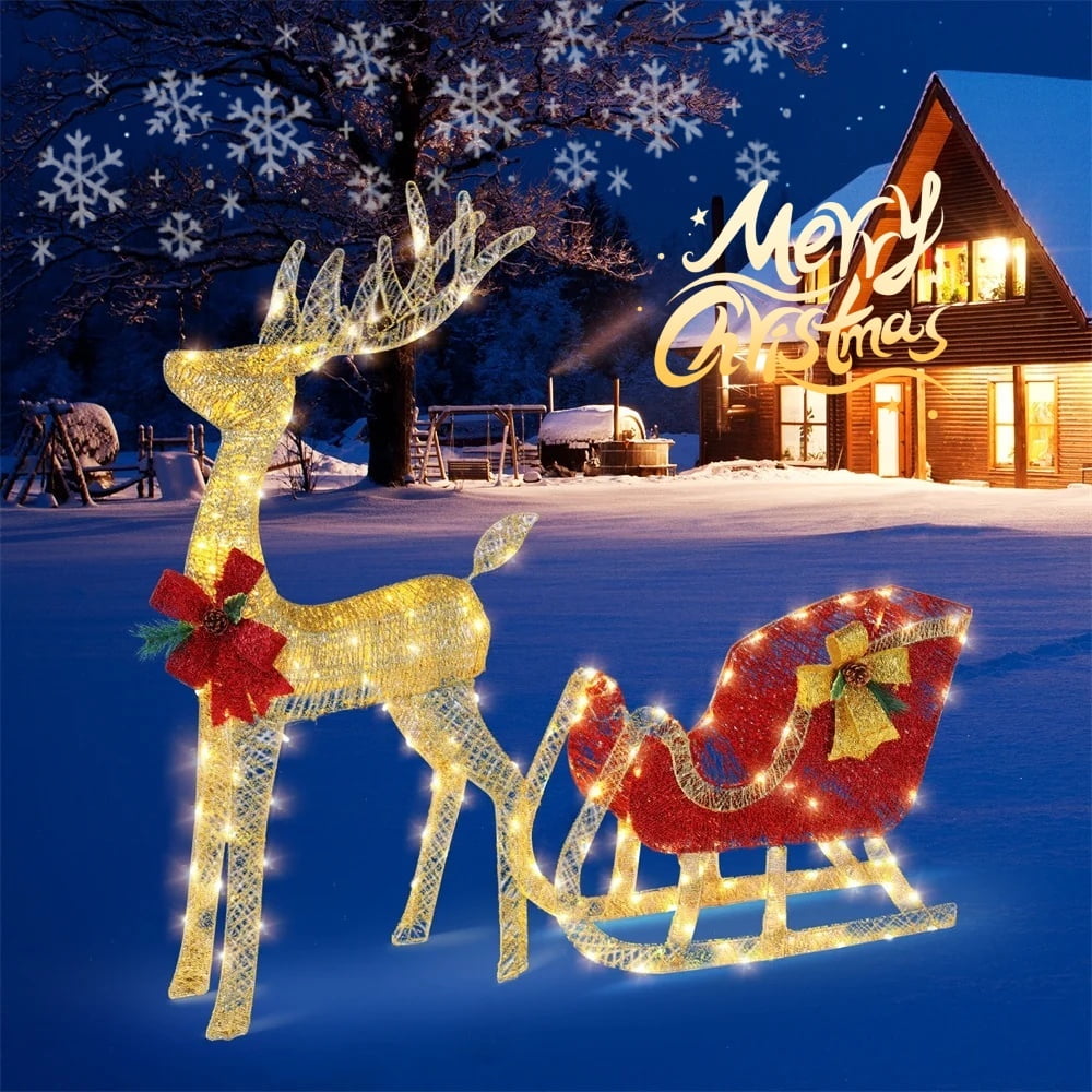 Tcbosik Lighted Christmas Reindeer and Sleigh Set, 4ft Reindeer Outdoor ...