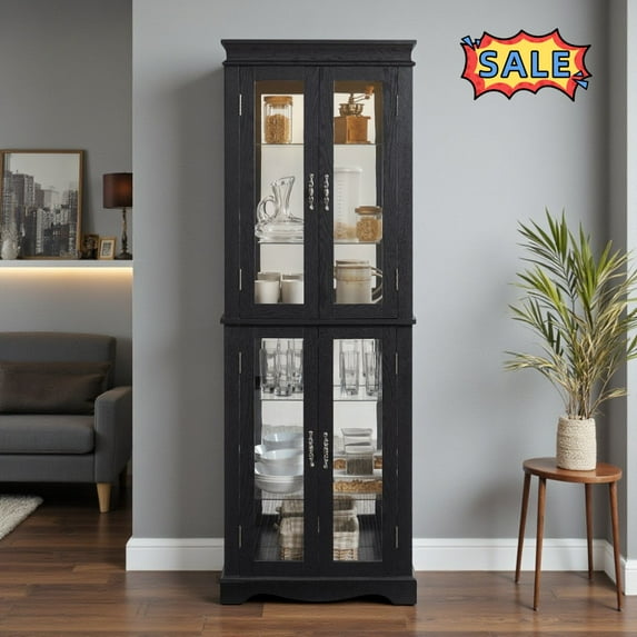 Tcbosik Lighted Curio Cabinet with 4 Glass Doors, 70"H Display Cabinet ...