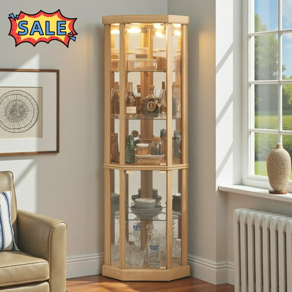 Tcbosik Lighted Display Curio Cabinet with Glass Doors and Adjustable ...