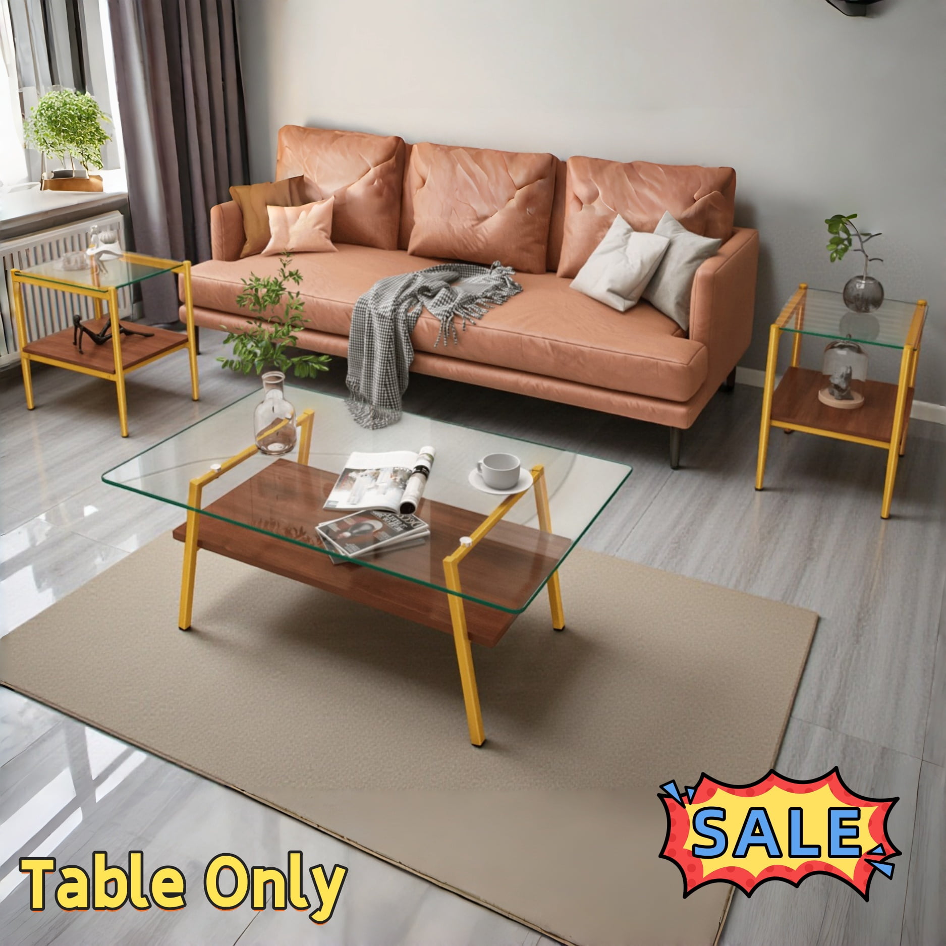 Tcbosik Living Room Tables Set, 3 Piece Glass Coffee Table and End ...