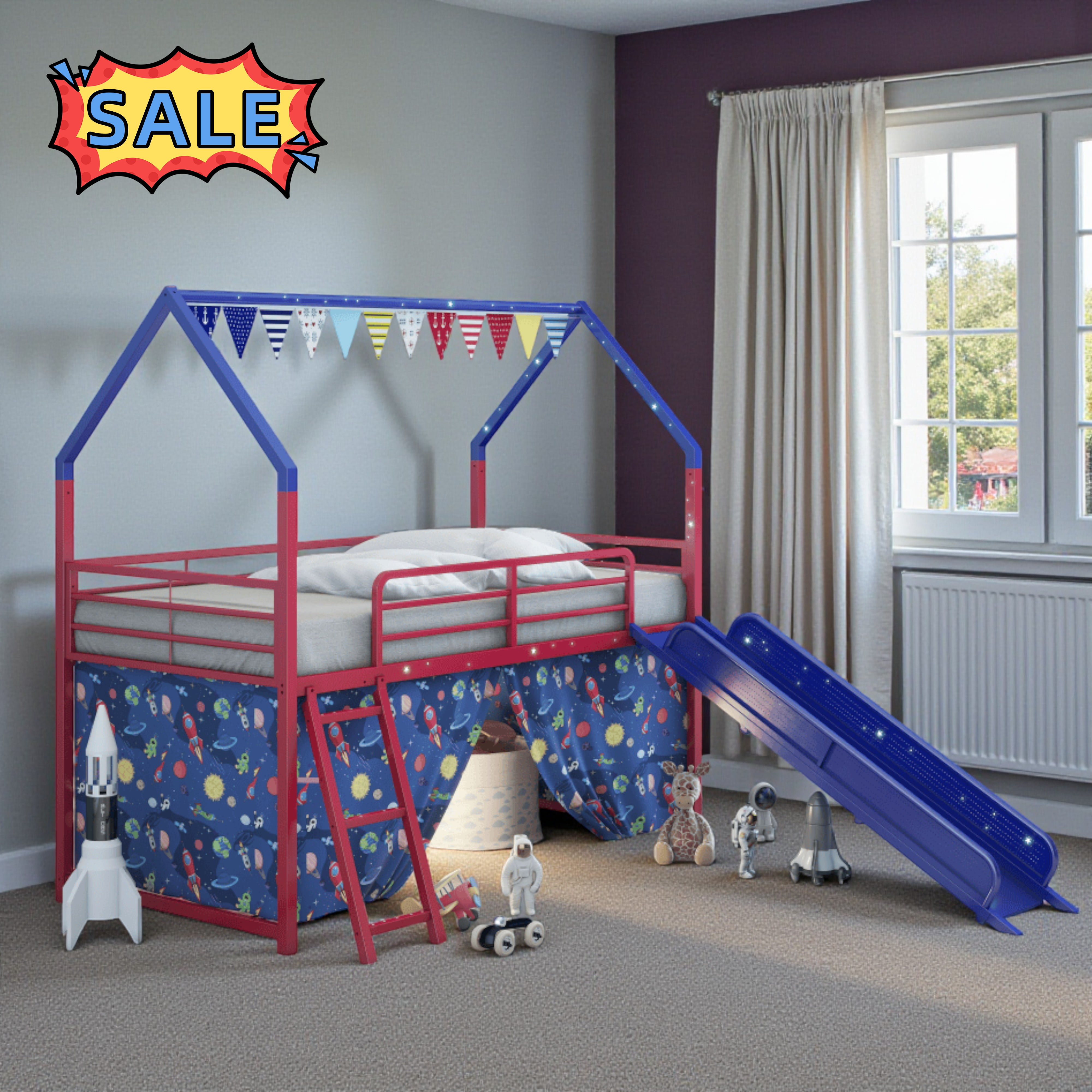 Tcbosik Loft Bed with Curtain Set, Star Stickers and Pennant Banner ...