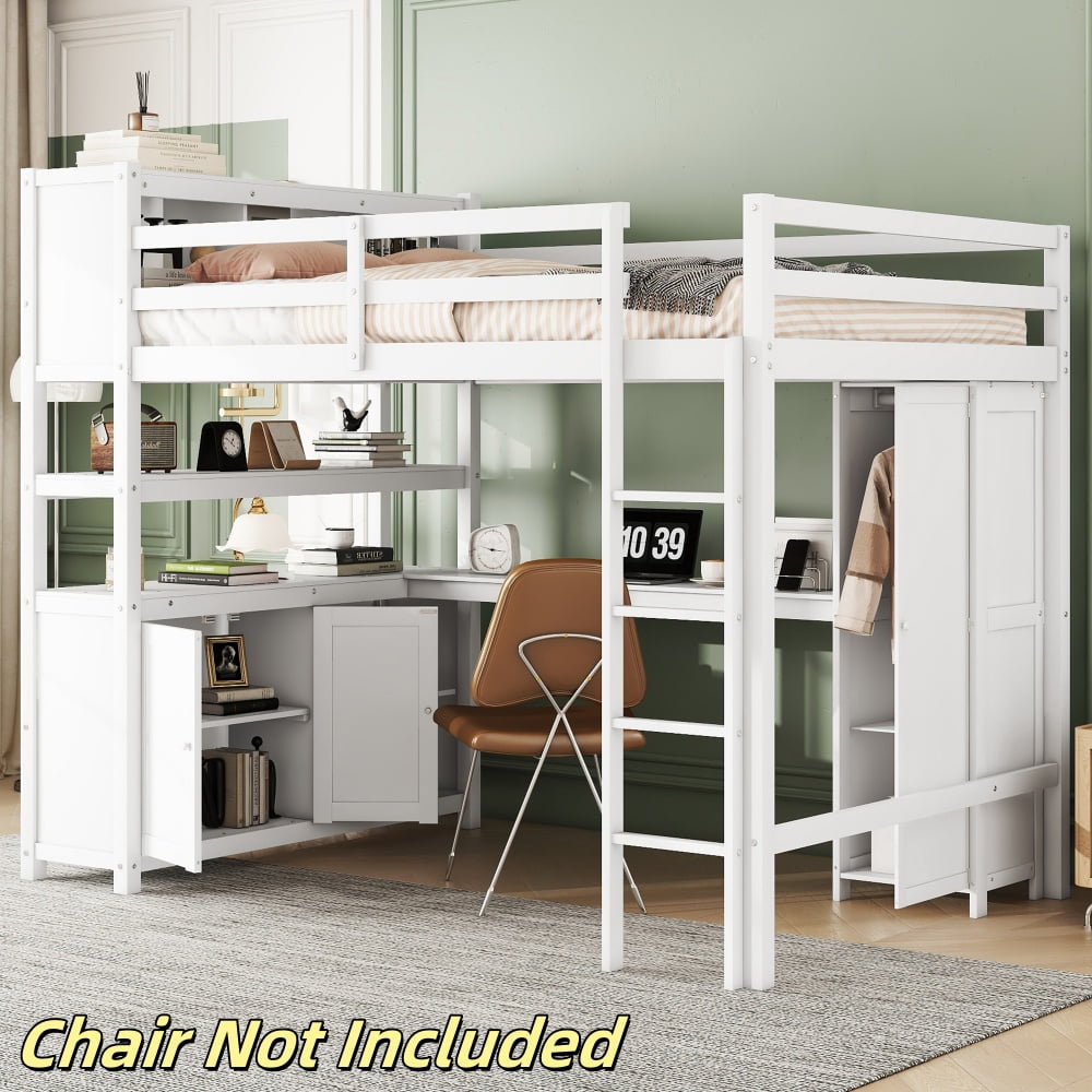 Tcbosik Loft Bed with Desk and Wardrobe, Full Size Wood Bed Frame with ...