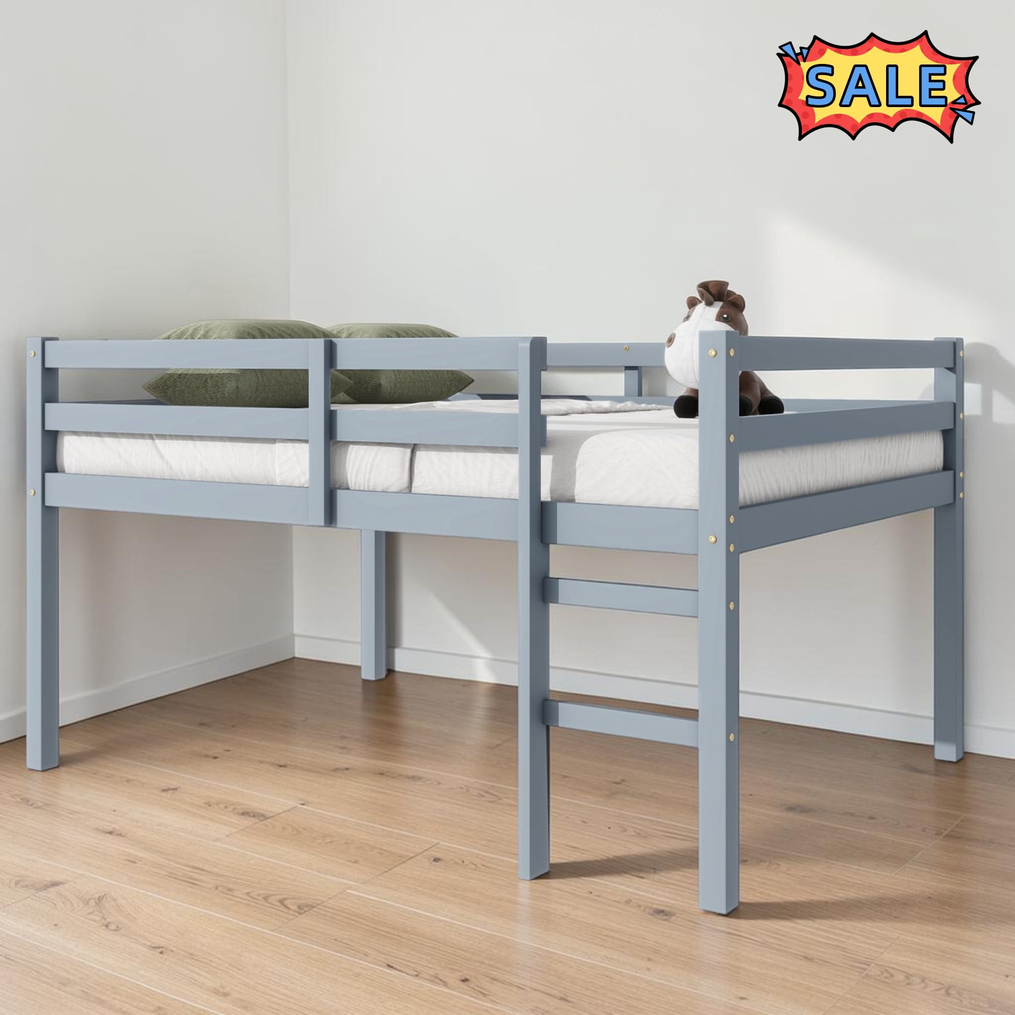 Tcbosik Low Loft Bed Full Size, Wood Bed Frame with Built-in Ladder and ...