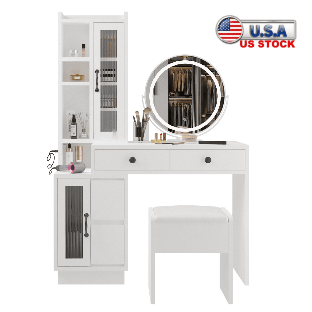Tcbosik Makeup Dressing Table with USB Charging Station and 2 Drawers ...