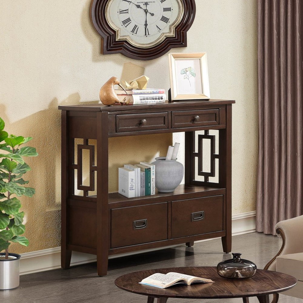 Tcbosik Mid-Century Solid Wood Console Table with 4 Drawers and Open ...