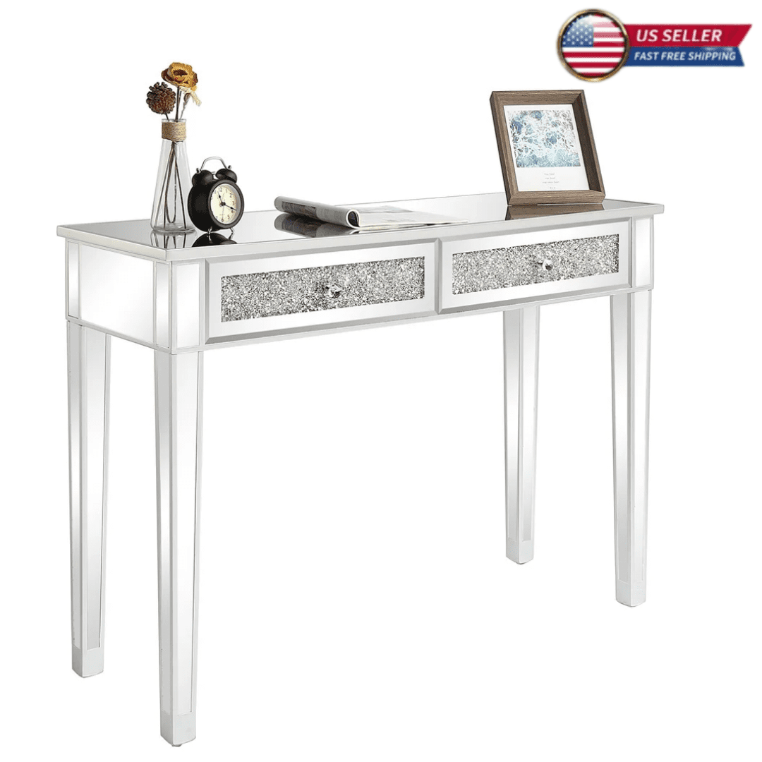 Tcbosik Mirrored Vanity Desk with 2 Drawers, Mirrored Console Table ...