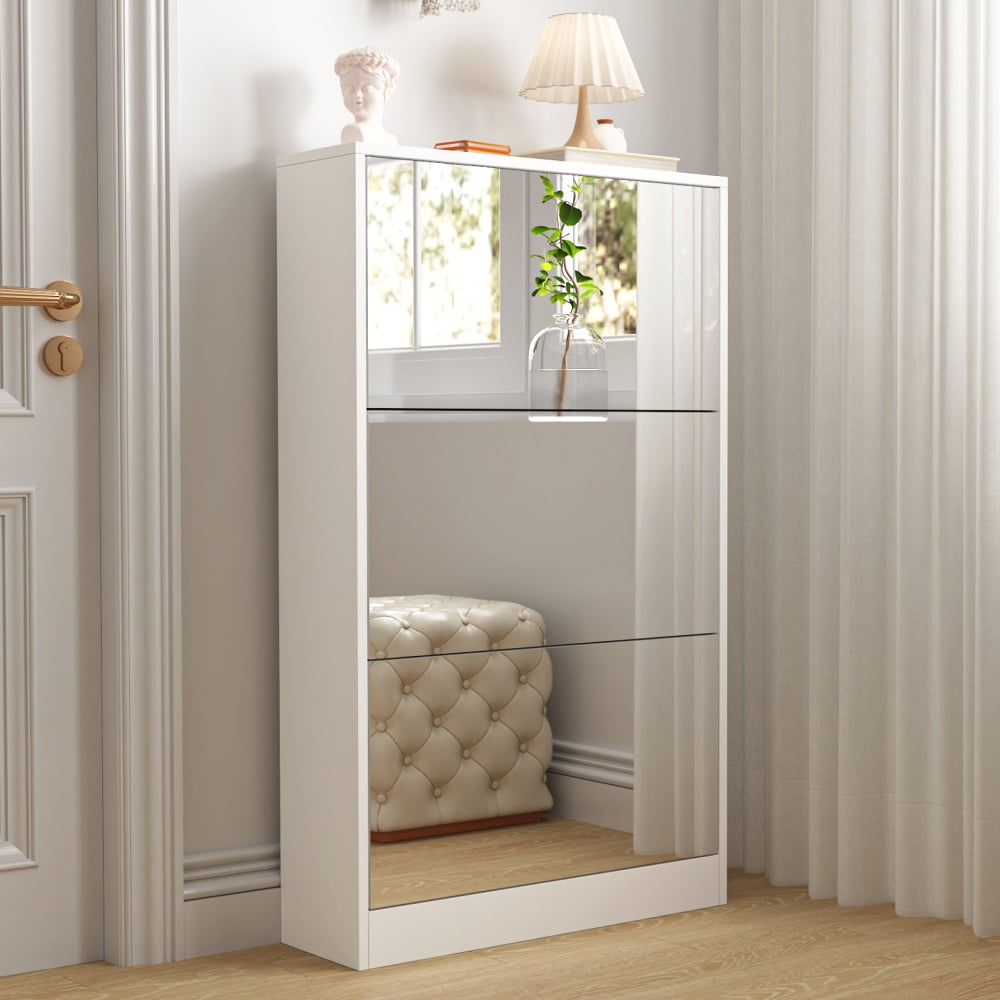 Tcbosik Mirrored Shoe Storage Cabinet with 3 Flip Drawers, Hidden Shoe ...