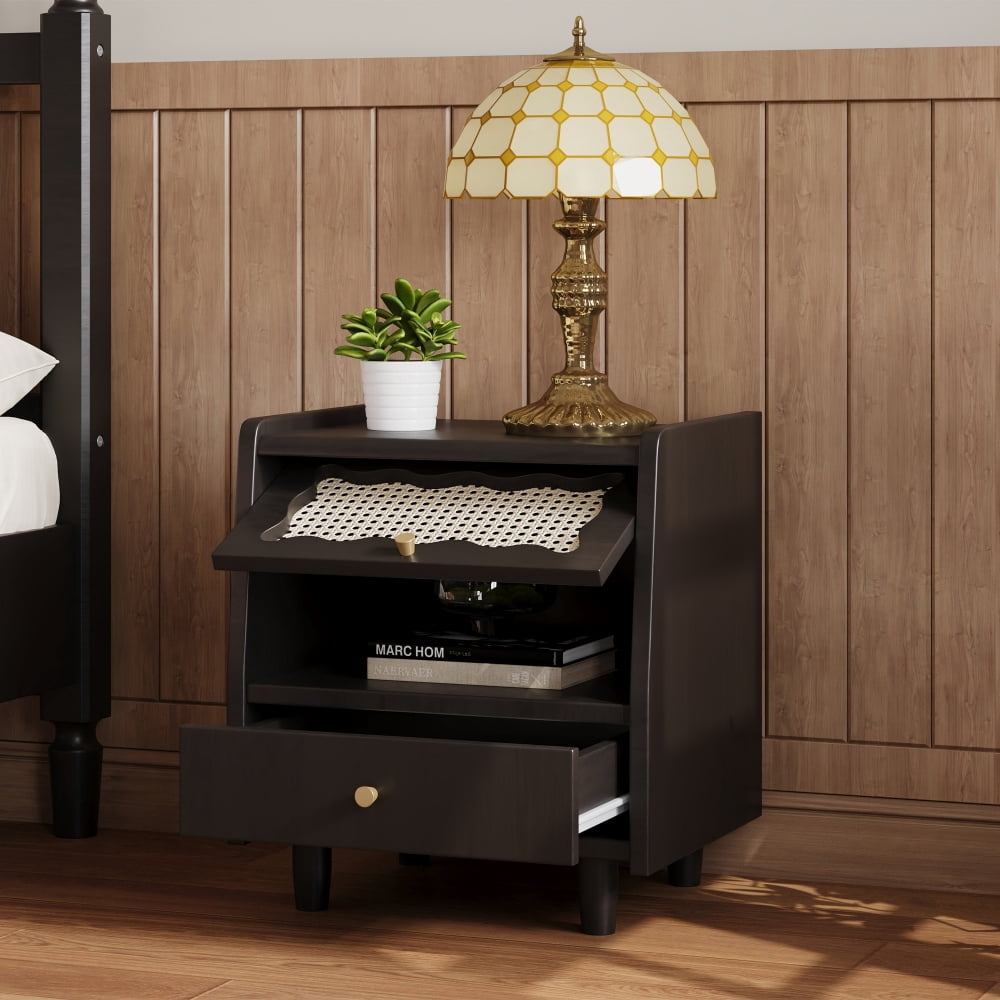 Tcbosik Modern Bedside Table with Drawer, Night Stand with Flip-up Door ...