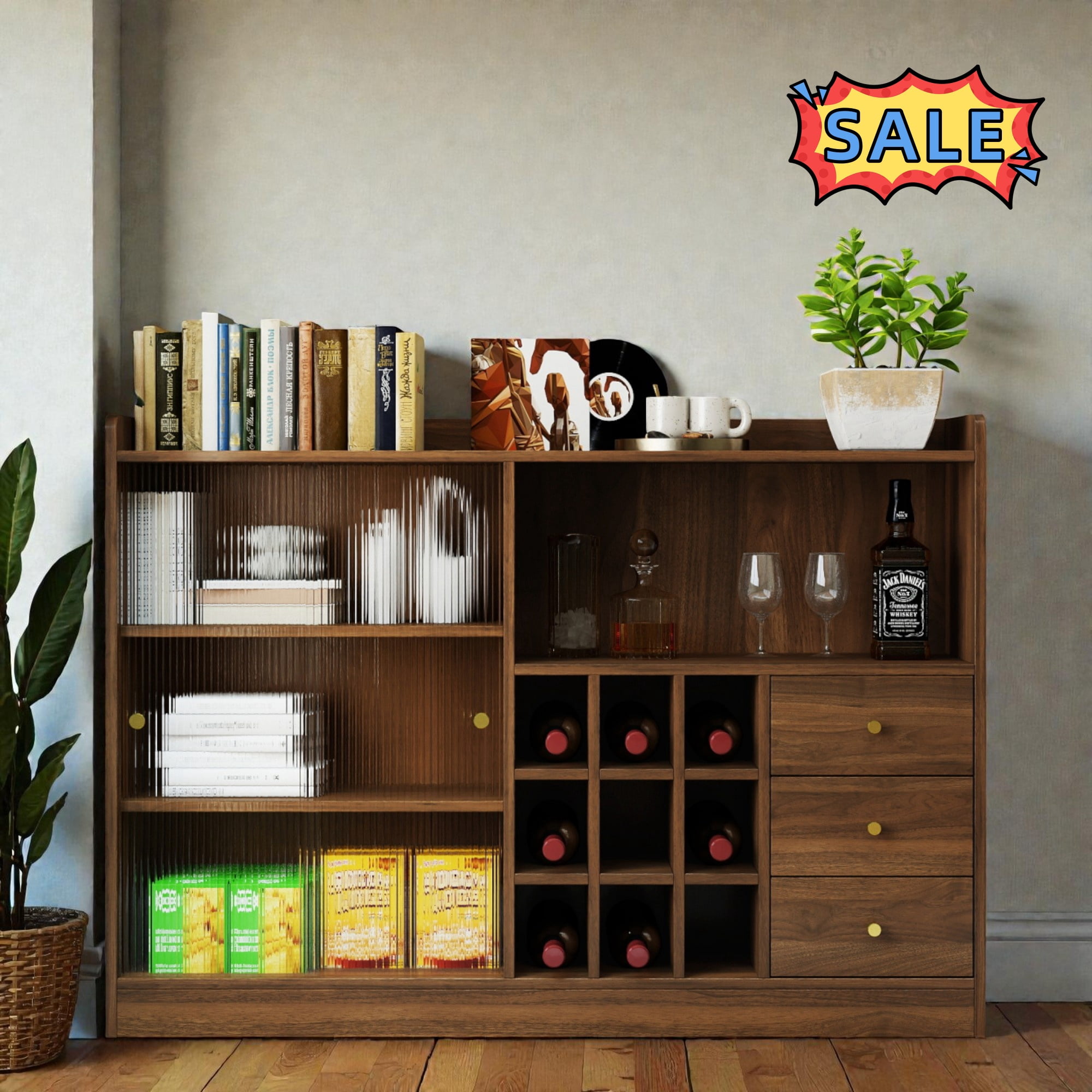 Tcbosik Modern Buffet Sideboard with 9-Grid Wine Holder, Cupboard with ...