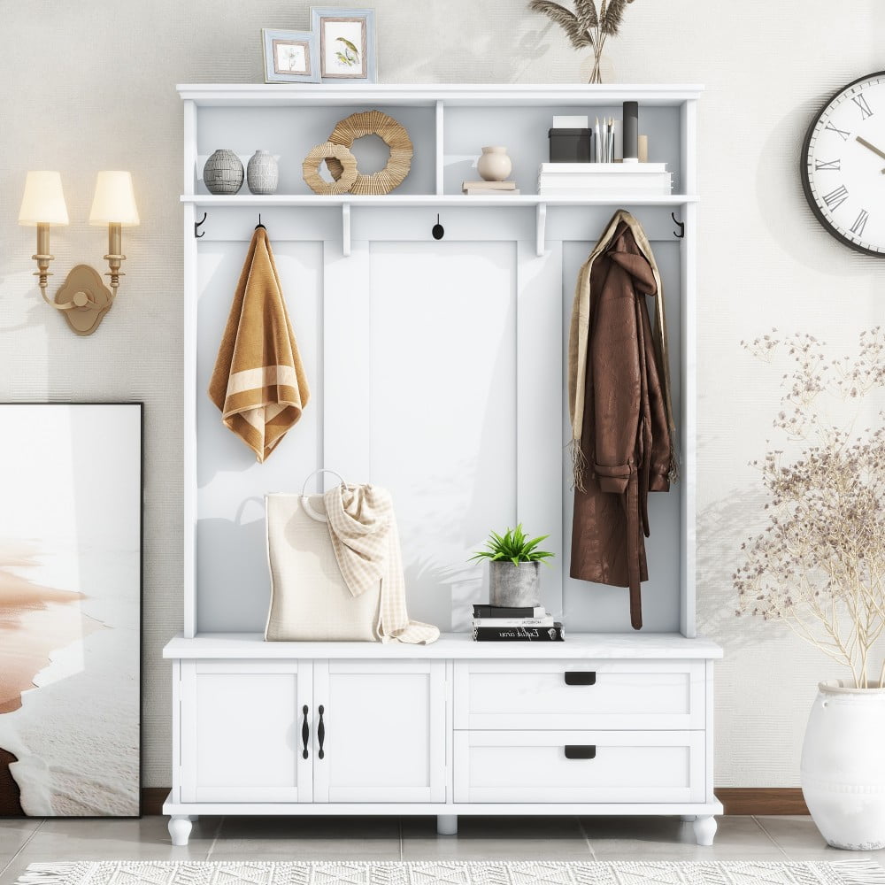 Tcbosik Modern Hall Tree with Storage Cabinet, 2 Drawers and Top ...