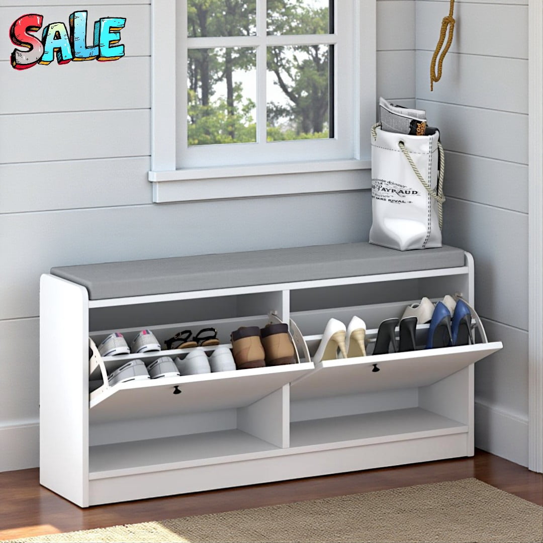 Tcbosik Modern White Shoe Bench with 2 Flip Drawers & Padded Seat ...