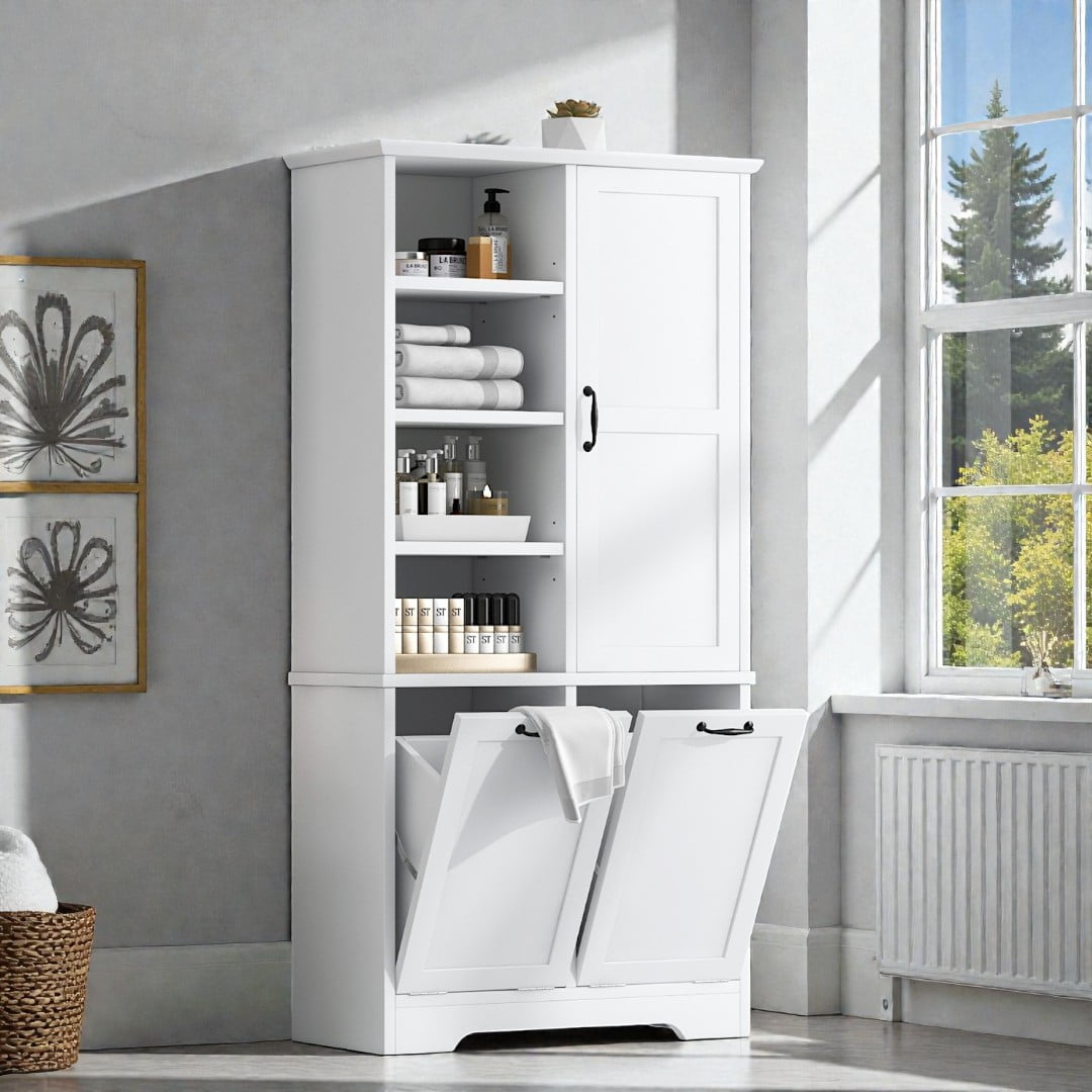 Tcbosik Multi-Storage Cabinet with 2 Tilt-Out Hampers, 4 Open ...