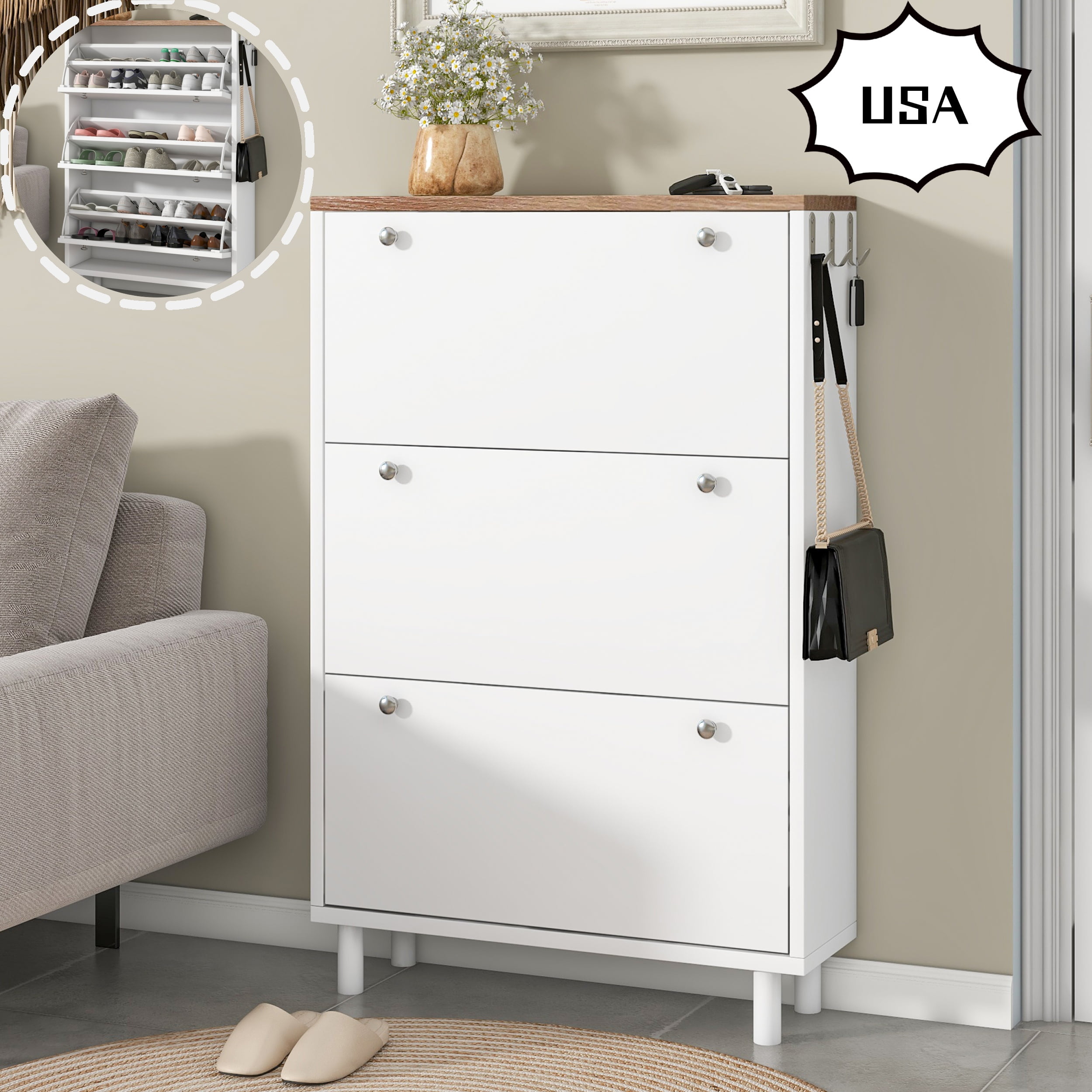 Tcbosik Floor Shoe Storage Cabinet for Entryway, Narrow Shoe Organizer ...