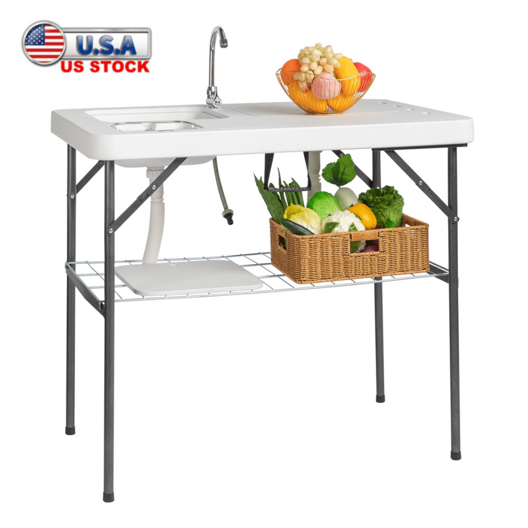 Tcbosik Portable Fish Cleaning Table with Double Sink, Foldable Camping ...