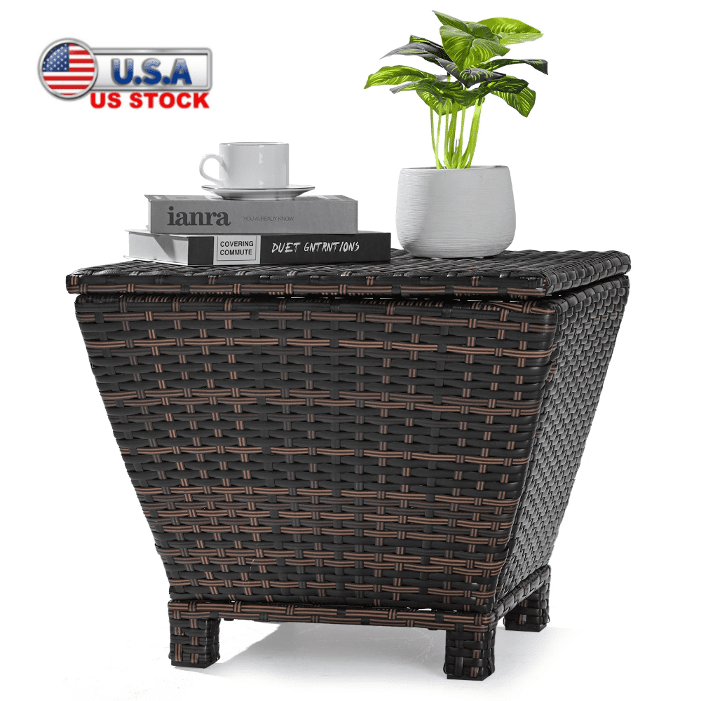 Tcbosik Outdoor Wicker Side Table, Square Patio End Table with Storage ...