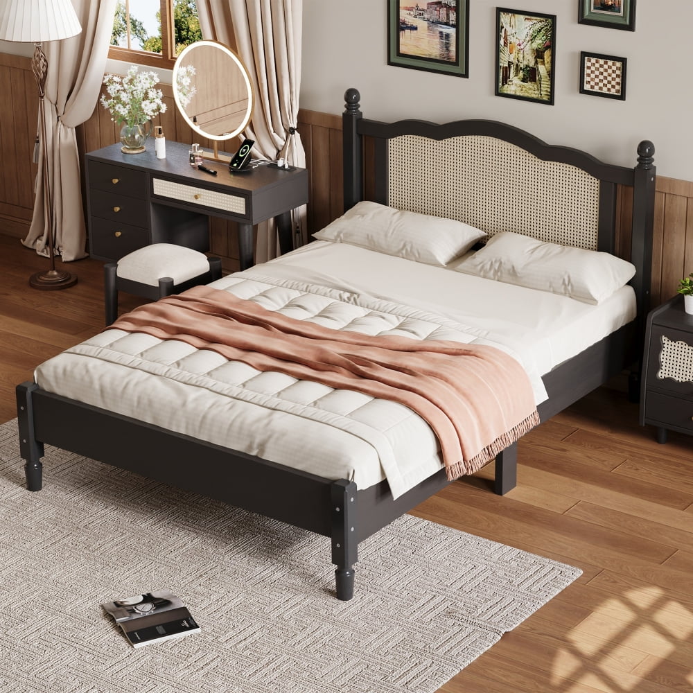 Tcbosik Platform Bed Full Size, Wood Bed Frame with Rattan Headboard ...