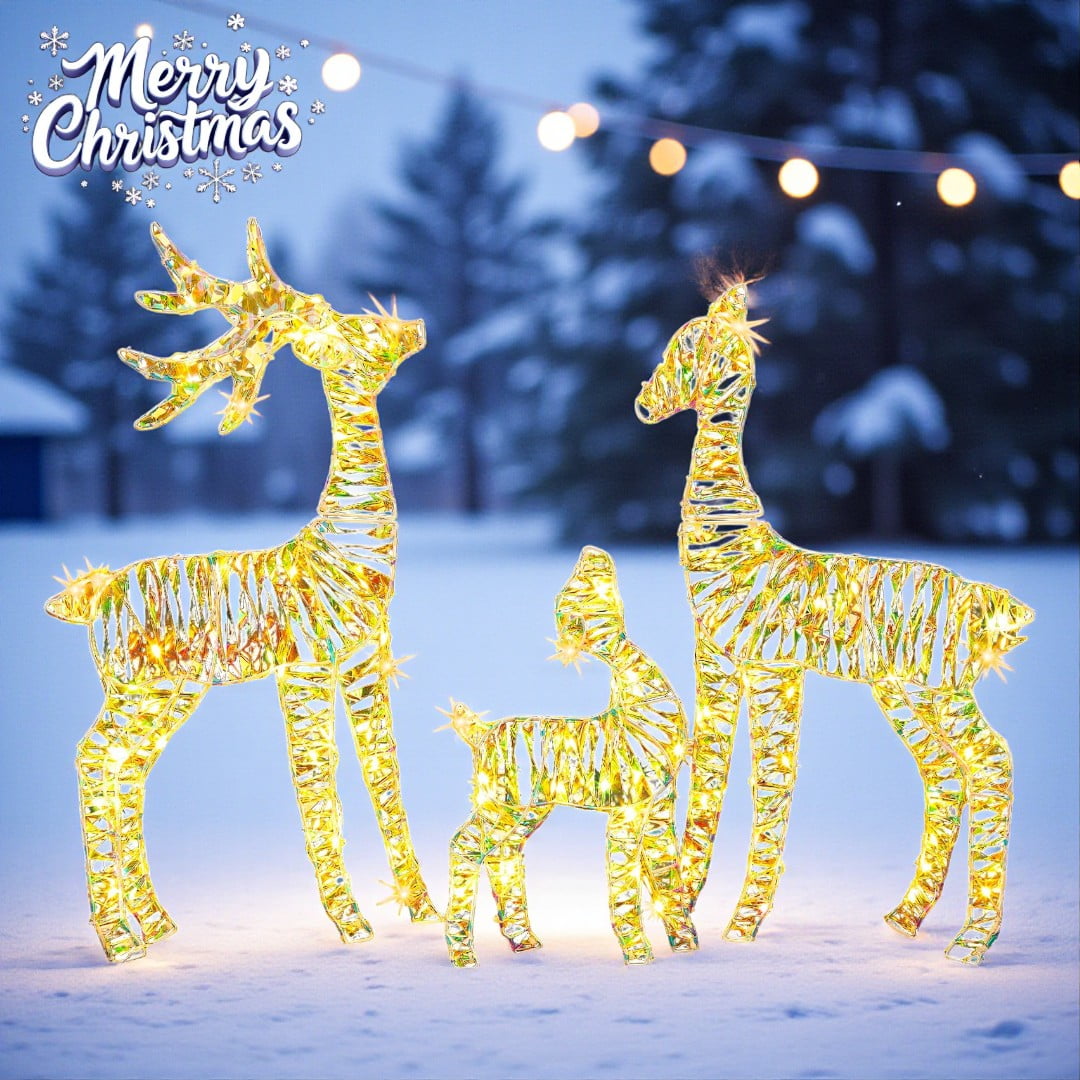 Tcbosik Pre-Lit 3-Piece Iridescent Christmas Elk Family Set – 110 Warm ...