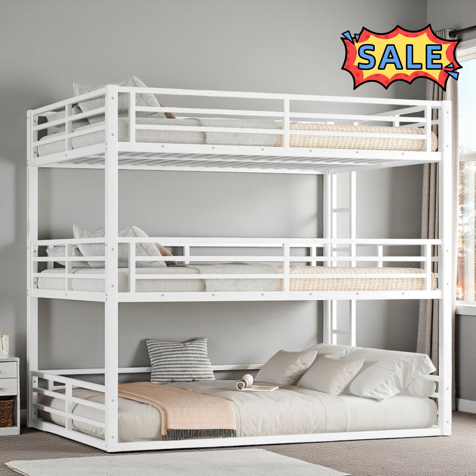 Tcbosik Queen Over Queen Over Queen Size Triple Bunk Bed with Built-in ...