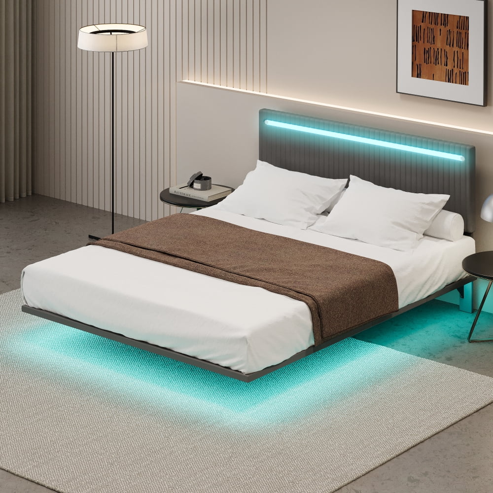 Tcbosik Queen Size Floating Bed with LED Lights, Velvet Upholstered Bed ...