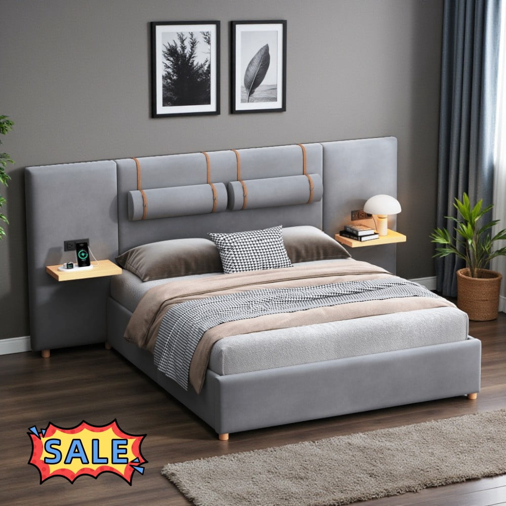 Tcbosik Queen Size Velvet Upholstered Platform Bed with Charging ...
