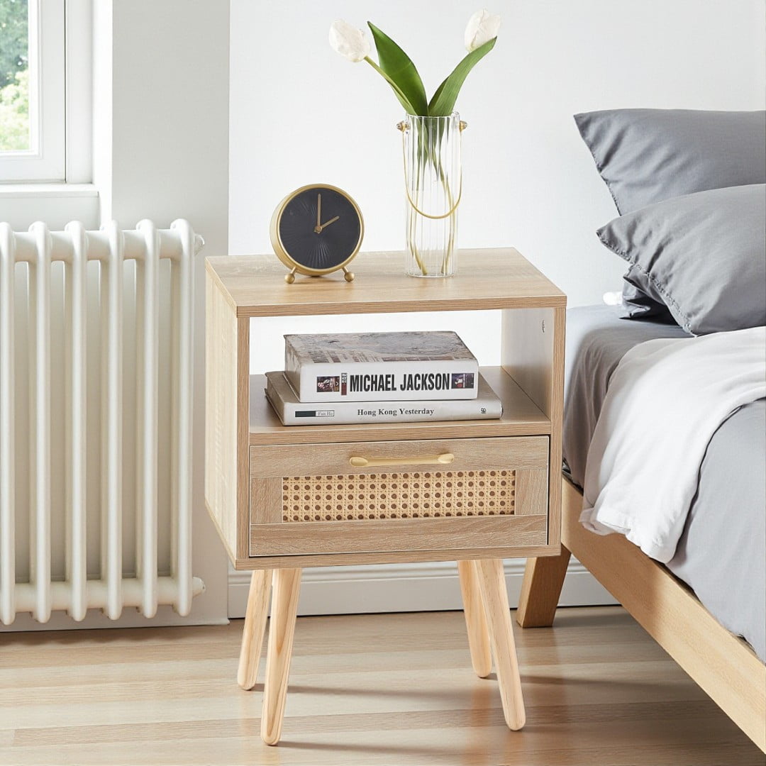 Tcbosik Rattan Bedside Table Storage Nightstand with 1 Drawer & Open ...